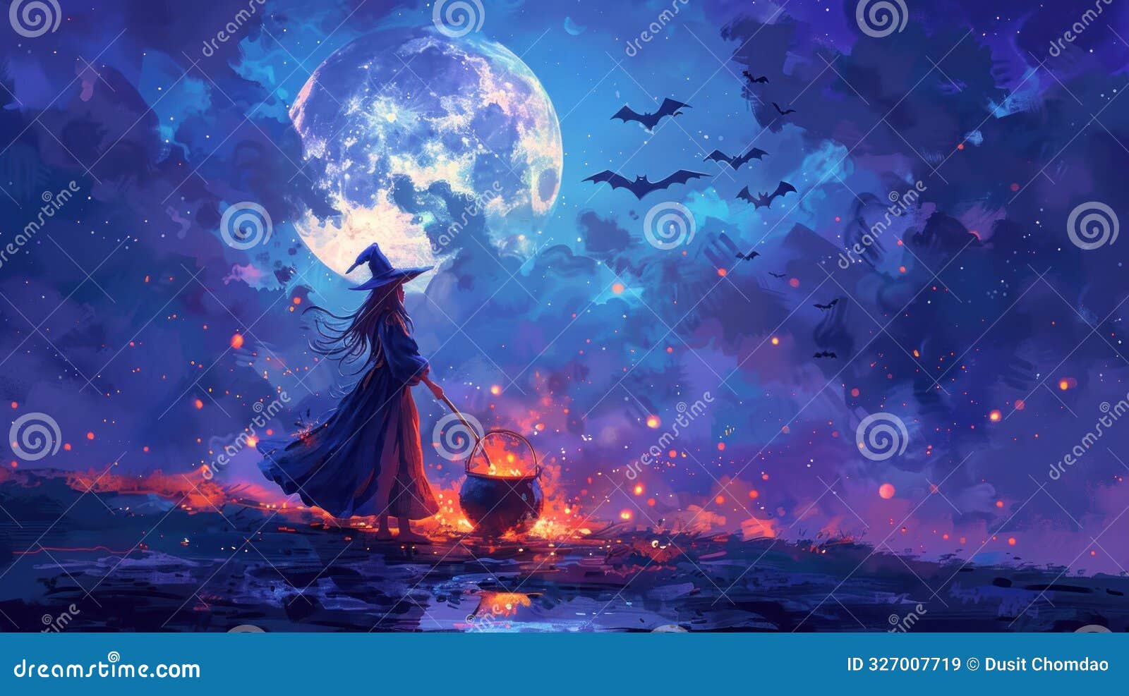 A Witch is Pouring Something into a Cauldron Under a Full Moon Stock ...