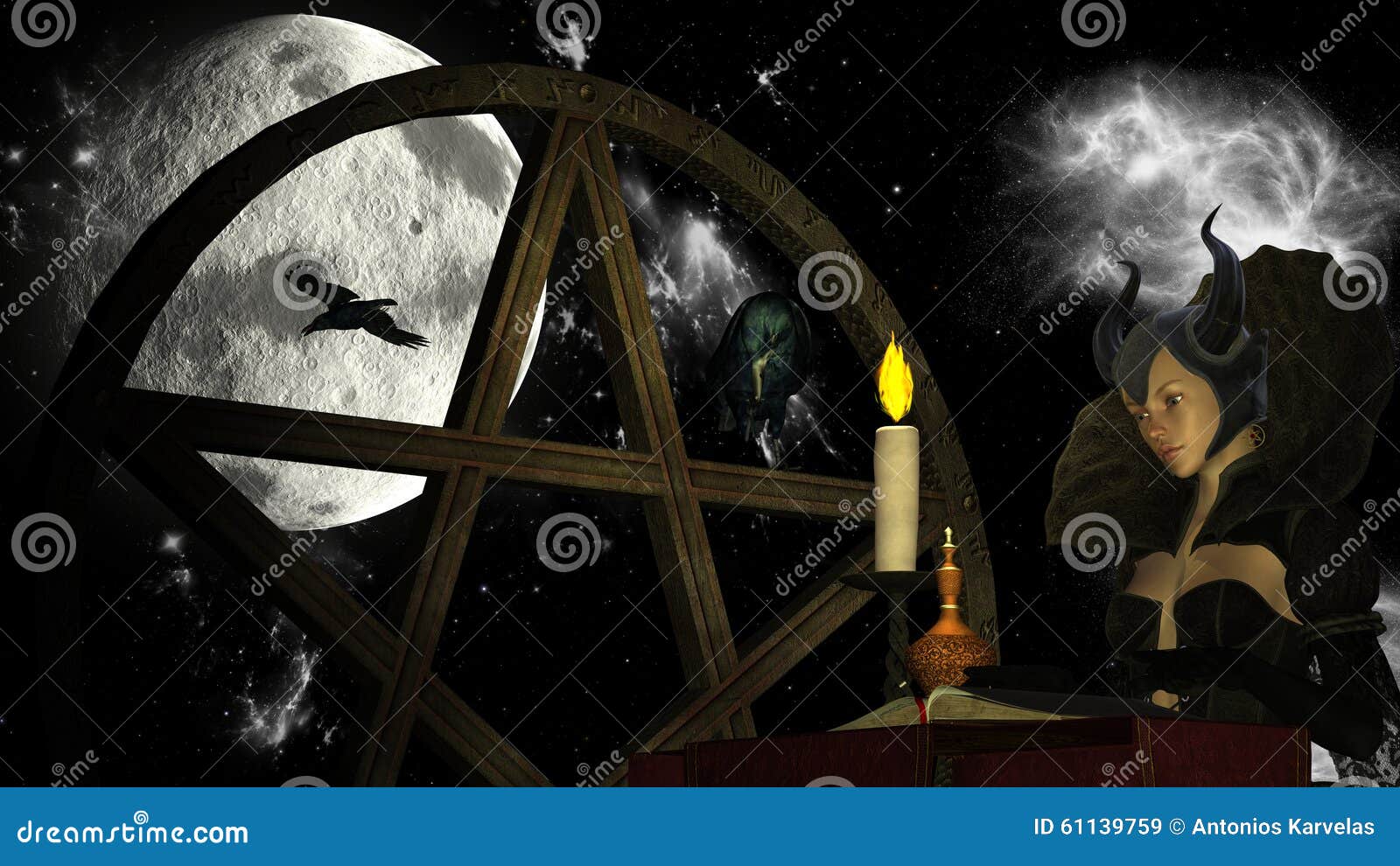 Witch Reading Magic Book With Candle Light At Red Moon Background With ...