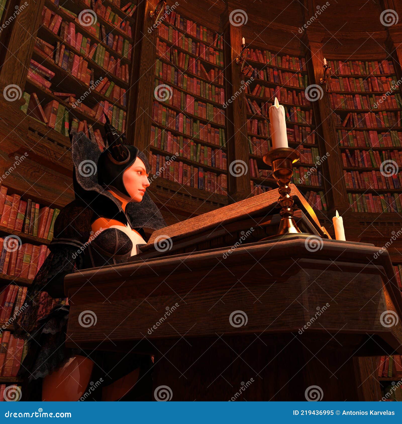Witch Reading Magic Book with Candlelight in a Library of Magic Books ...