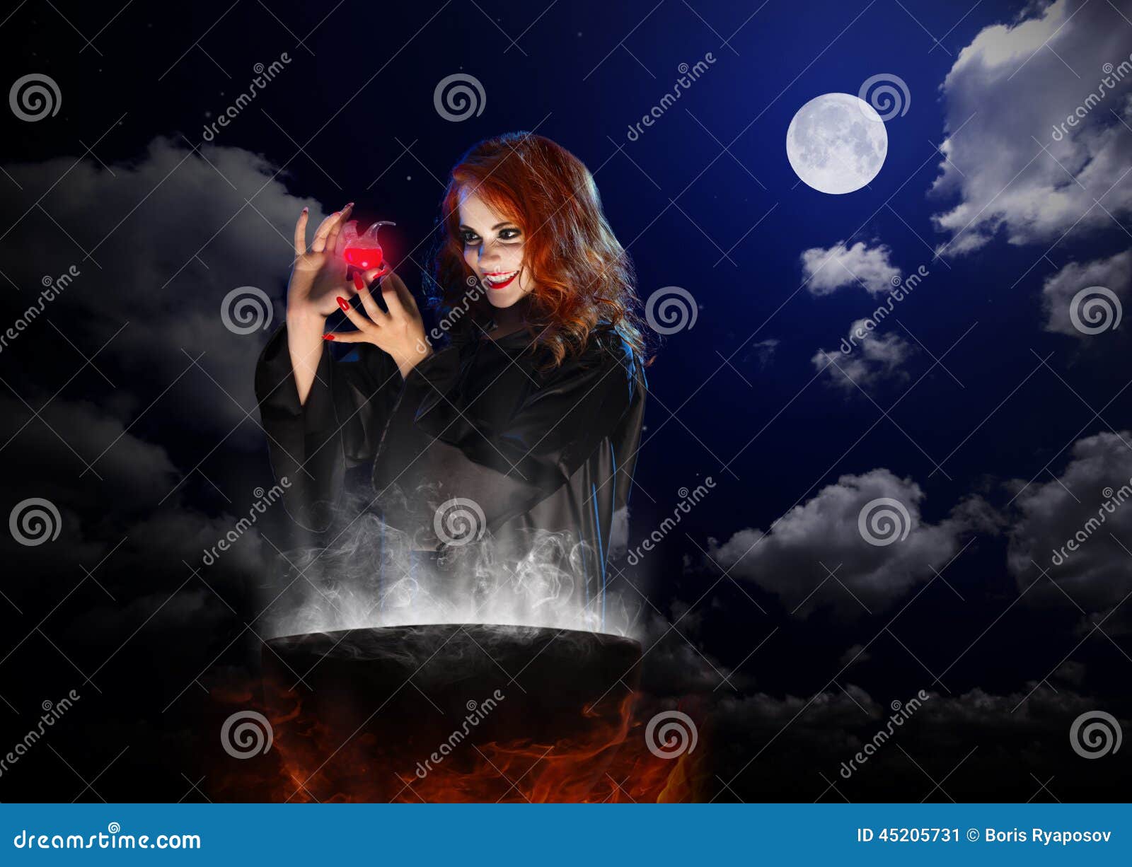 Witch with Red Potion and Cauldron on Night Sky Background Stock Image ...