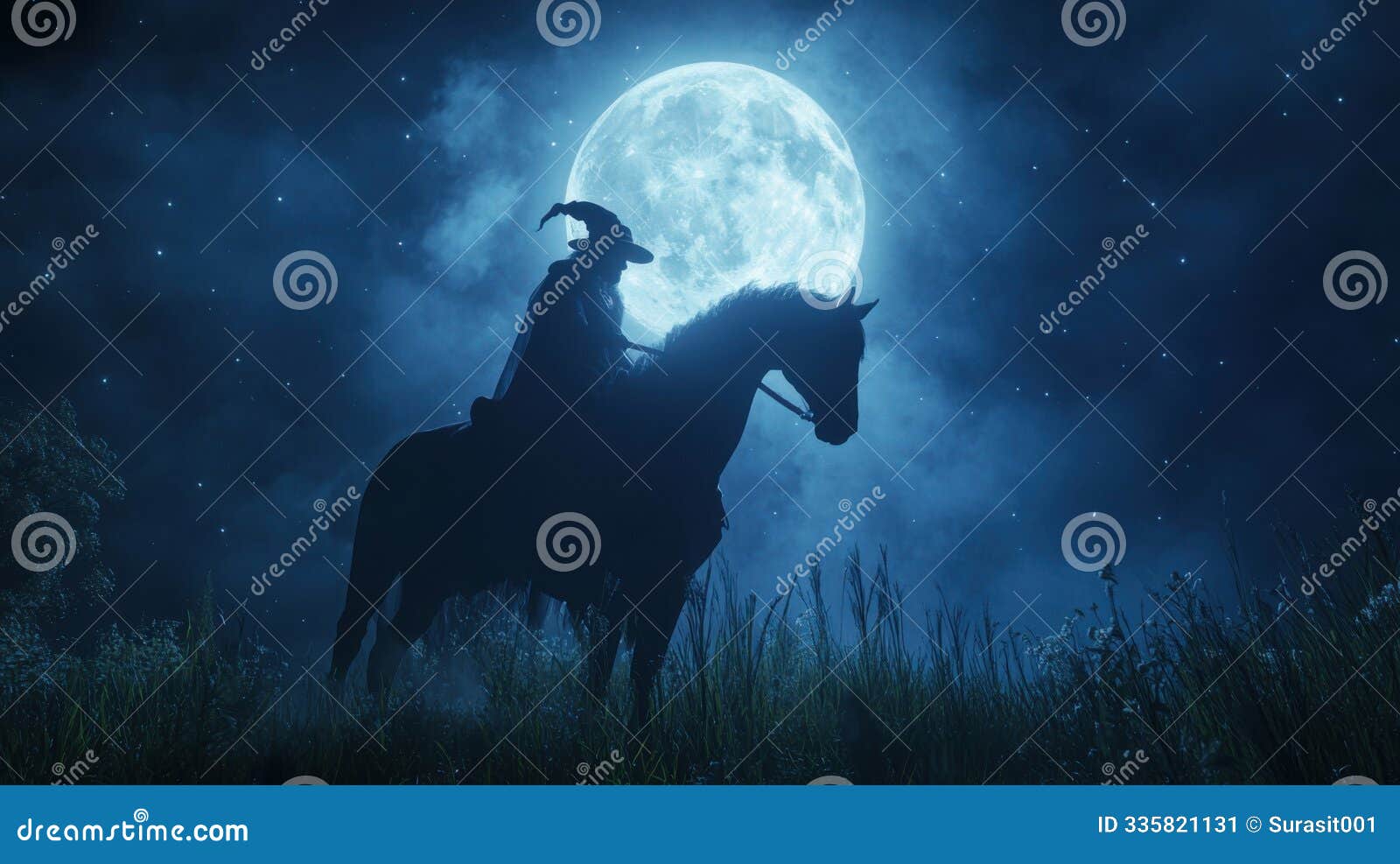 A Witch Riding a Horse Under a Full Moon Stock Illustration ...