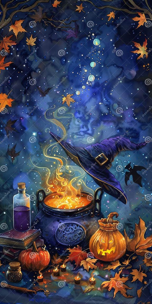 Witch S Brew Border with Cauldron and Magic Potion Stock Illustration ...