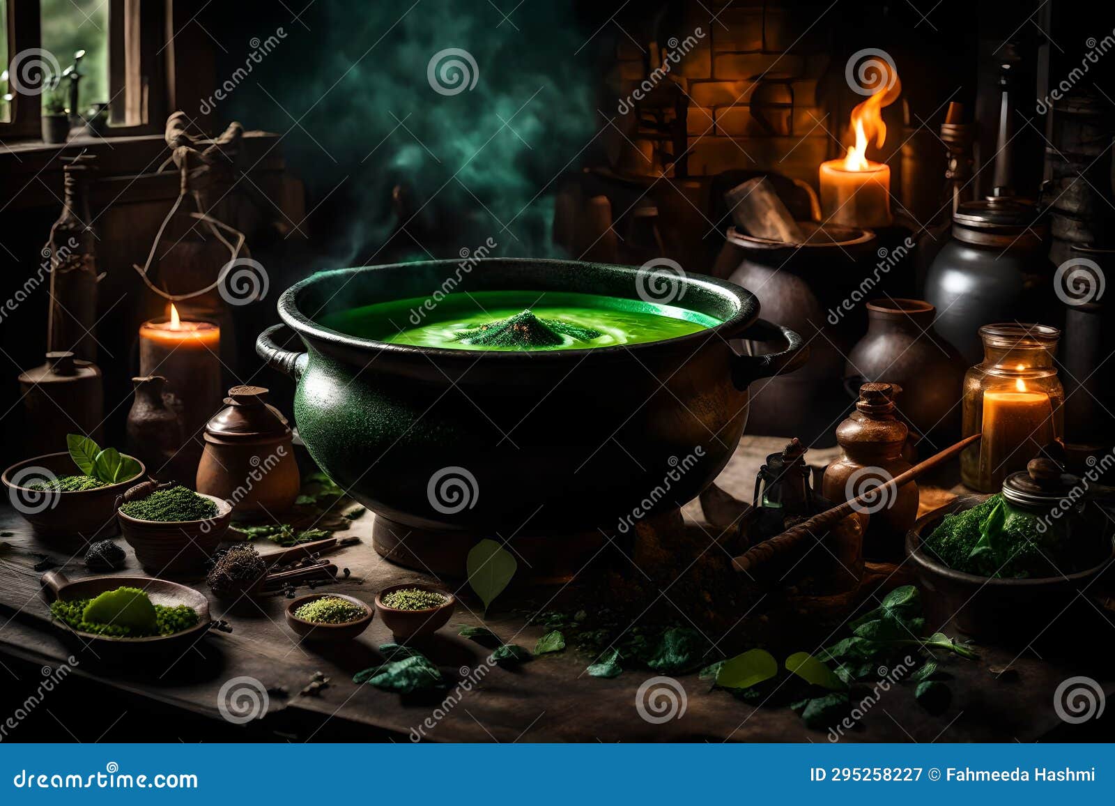A Witch S Cauldron Bubbling with Green Potion in a Dimly Lit Room ...
