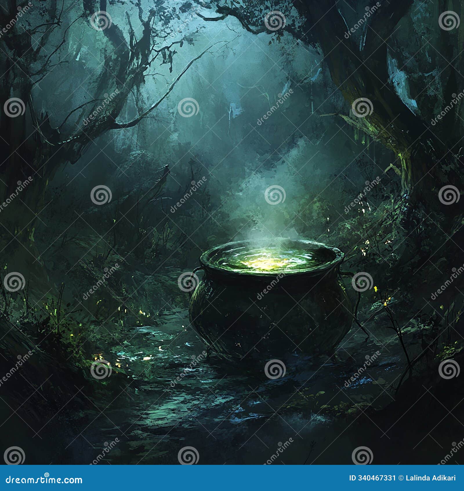 Witch S Cauldron Bubbling in a Haunted Forest Stock Illustration ...