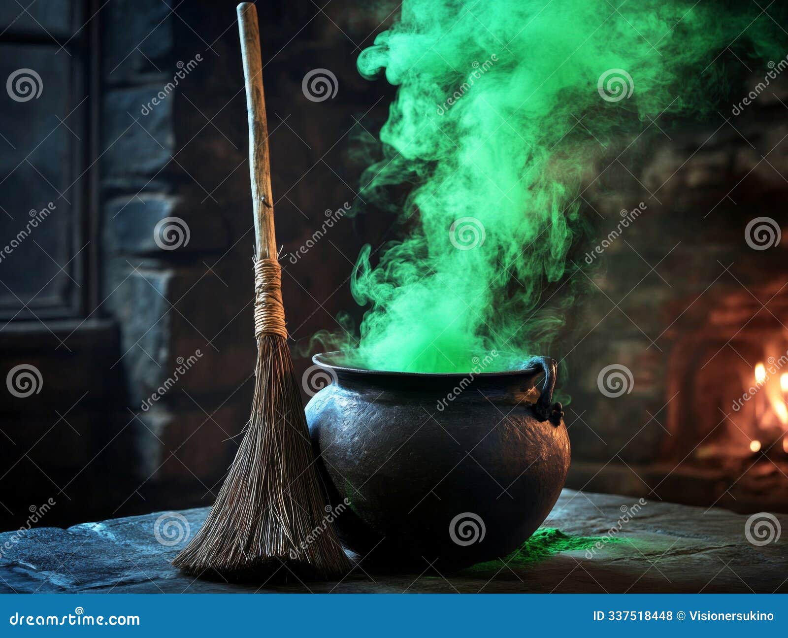A Witch S Cauldron with Green Smoke and Broom Stock Illustration ...