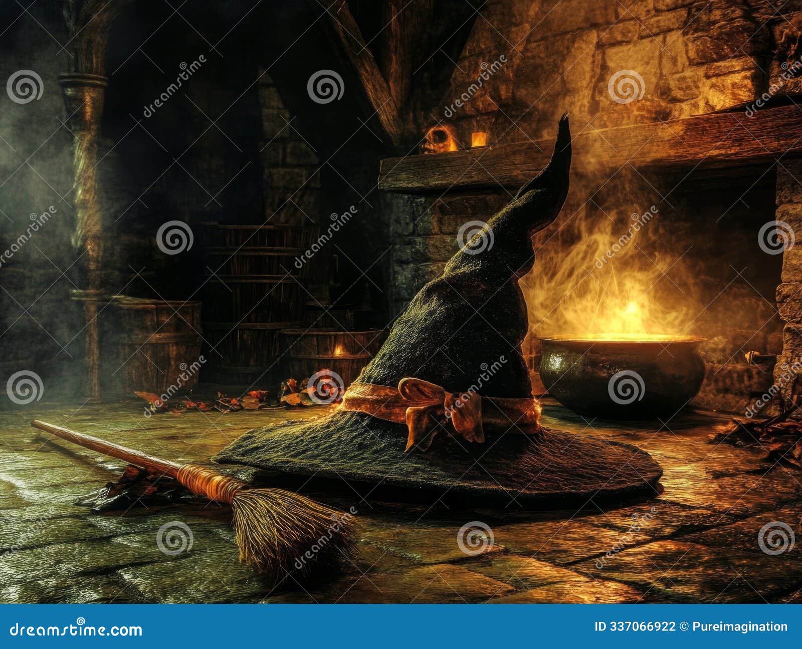 Witch S Hat, Broom, and Cauldron in a Smoky, Firelit Room Stock ...