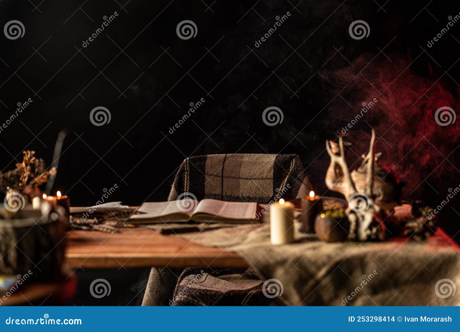 Old Book Of Spells, Flowers And Runes On Witch Altar Table. Stock ...