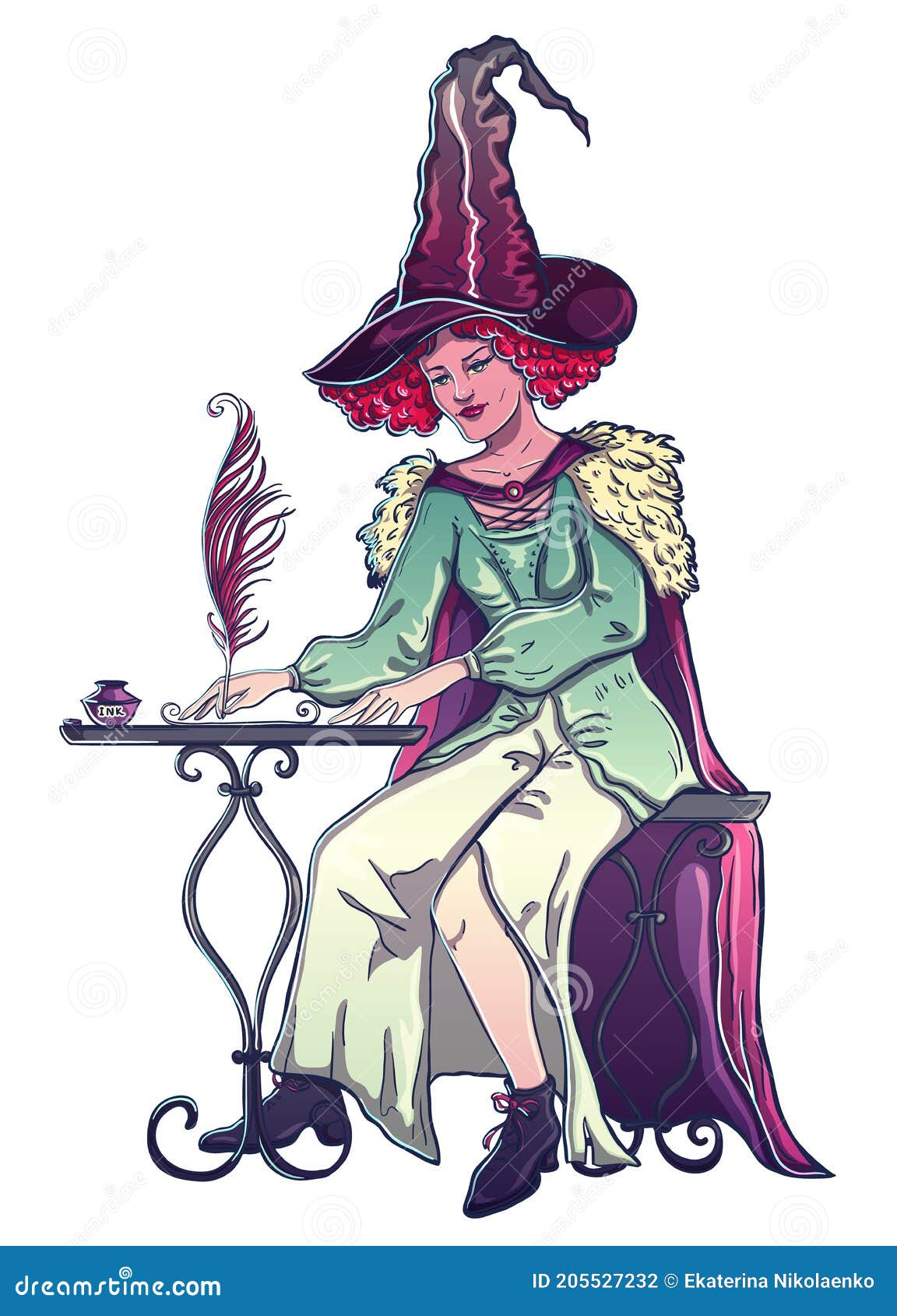 Witch Sits at the Table and Writes a Letter with Pen and Ink. Stock ...