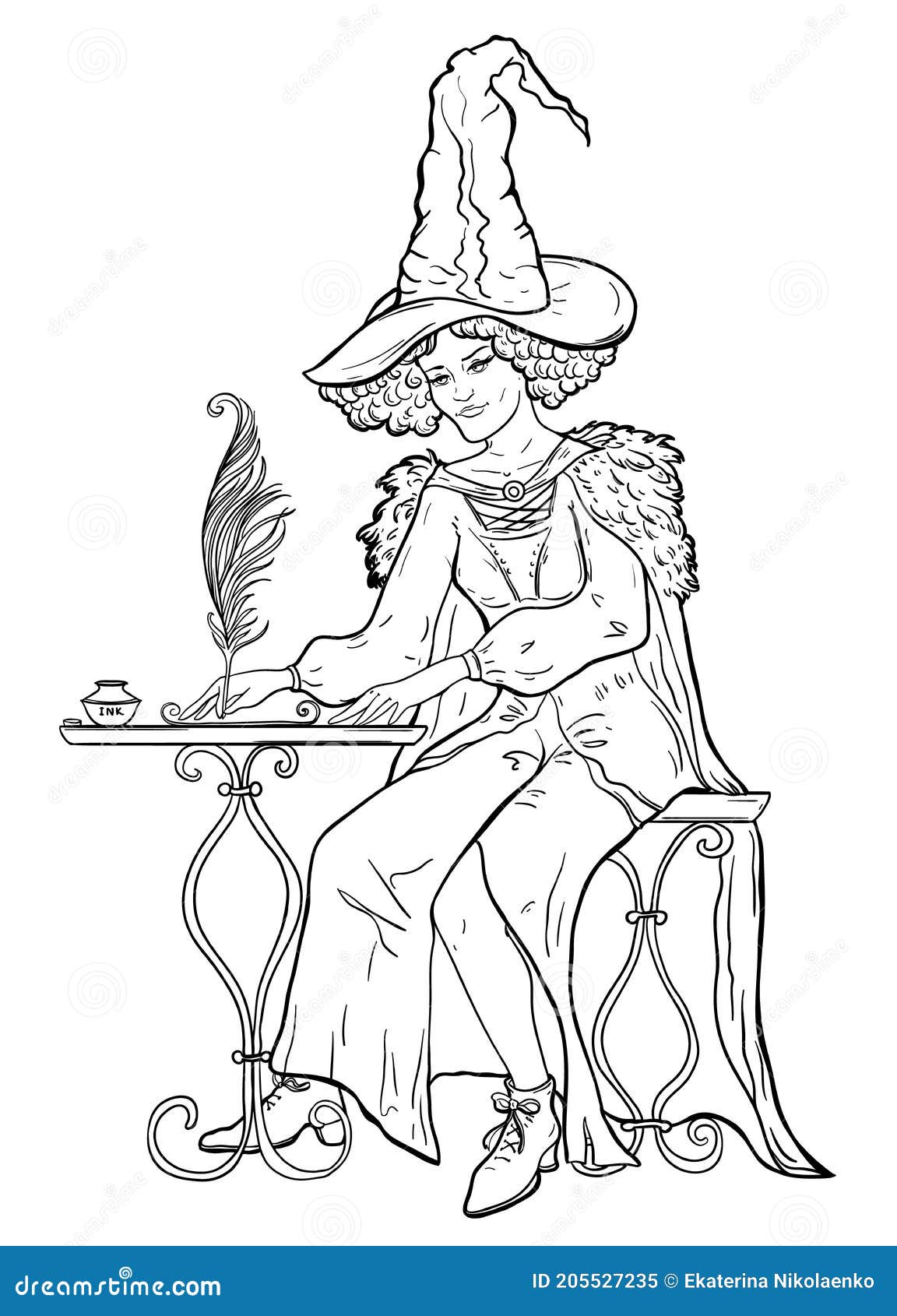 Witch Sits At The Table And Writes A Letter With Pen And Ink. Cartoon ...