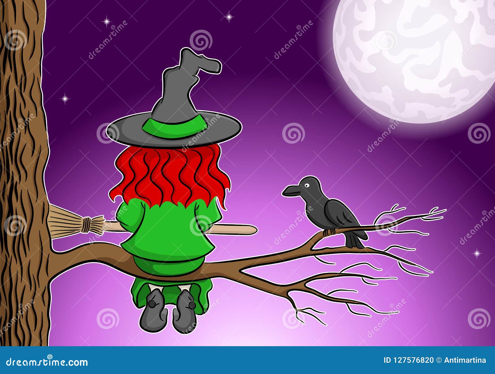 Witch Sitting On A Branch Enjoying The Full Moon Stock Vector