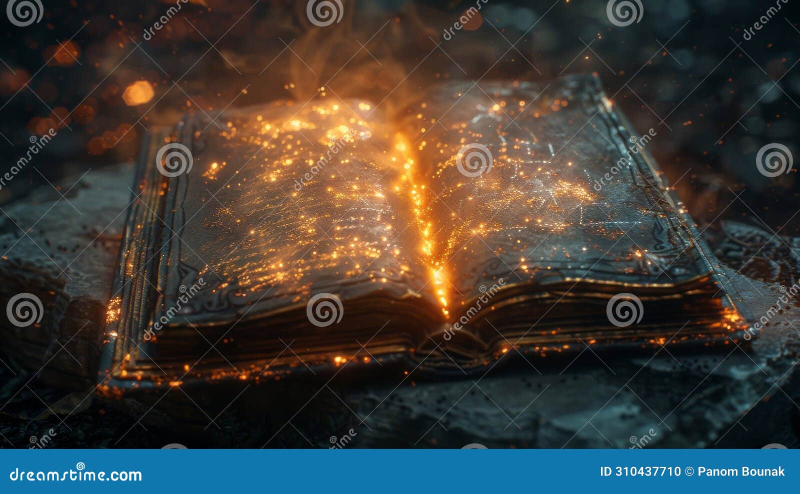 Witch Spell Book Open on an Ancient Glow with Golden Light and Mystical ...