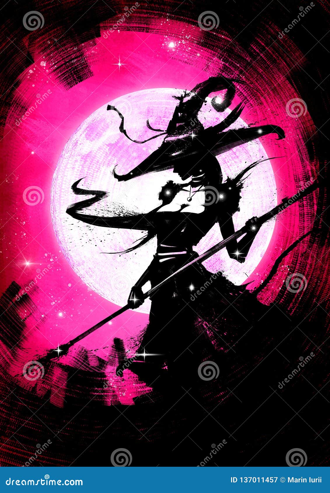 Witch with a Staff in a Hat with Curl Stock Illustration - Illustration ...