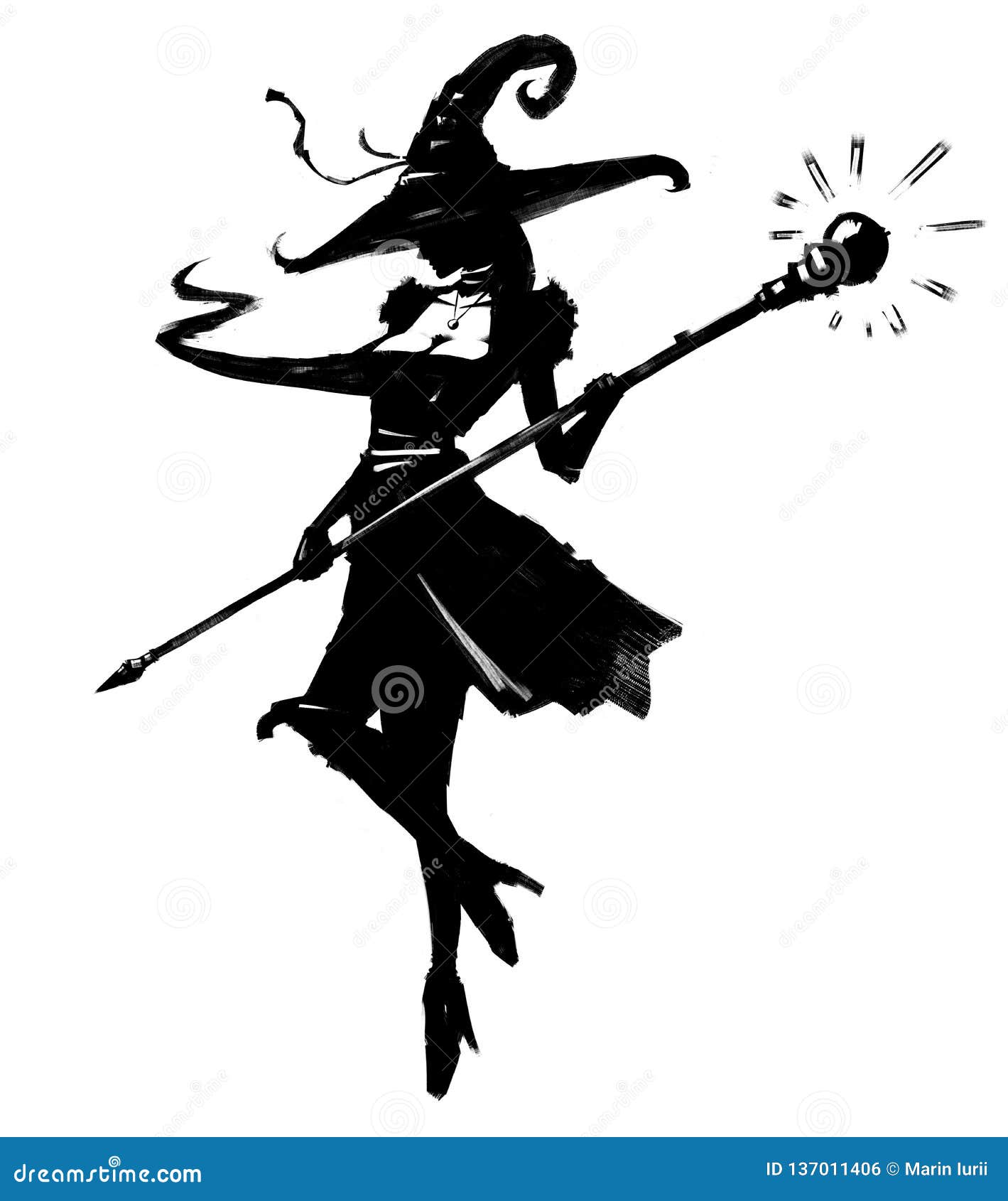Witch with a Staff in a Hat with Curl Stock Illustration - Illustration ...