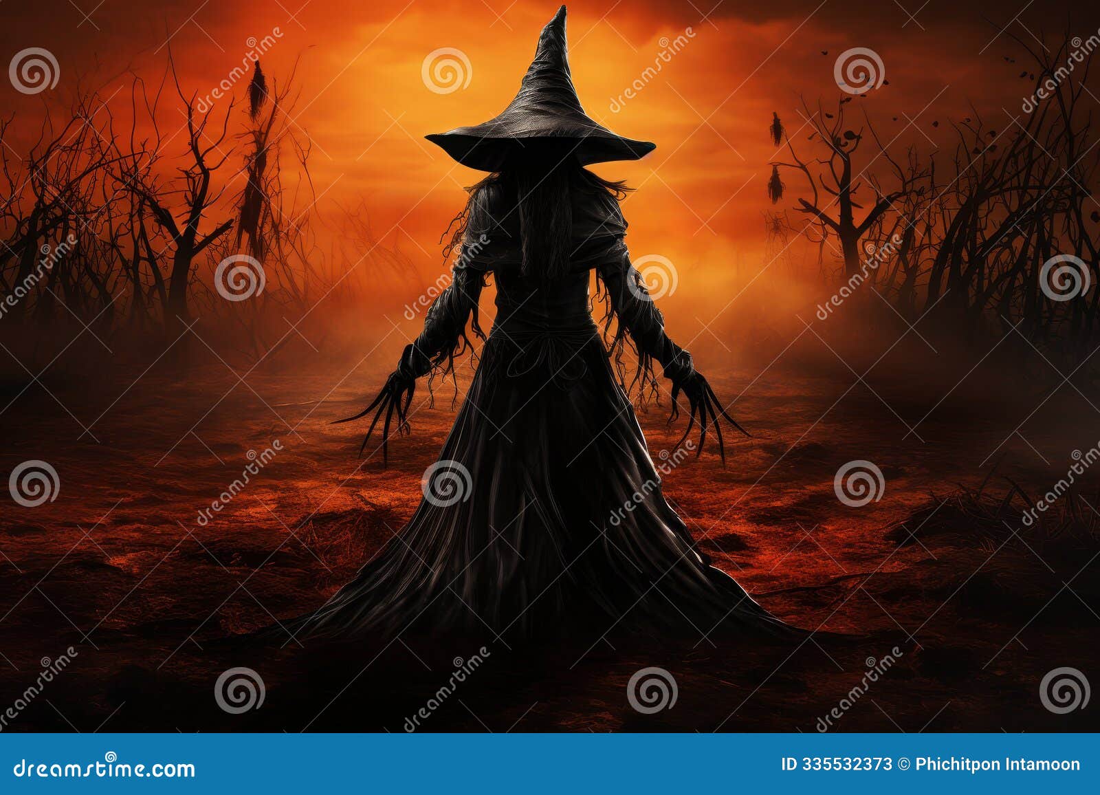 Witch Standing with Back Turned in Spooky Dark Forest with Torches ...