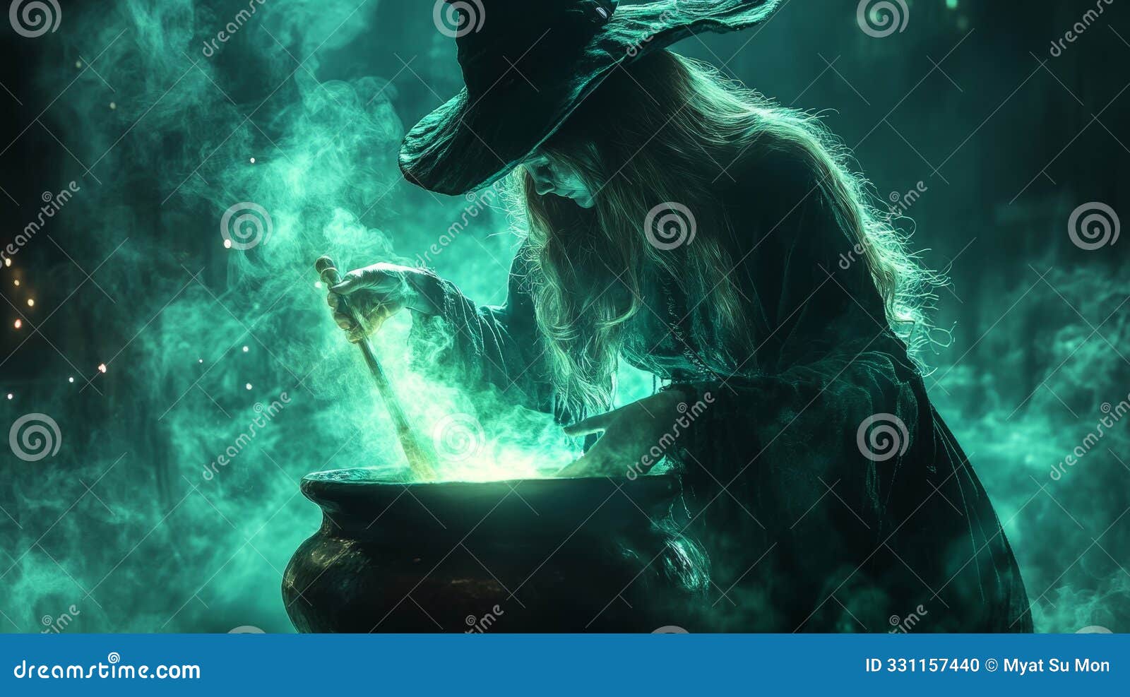 A Witch Stirring a Bubbling Cauldron of Mysterious Ingredients Stock ...