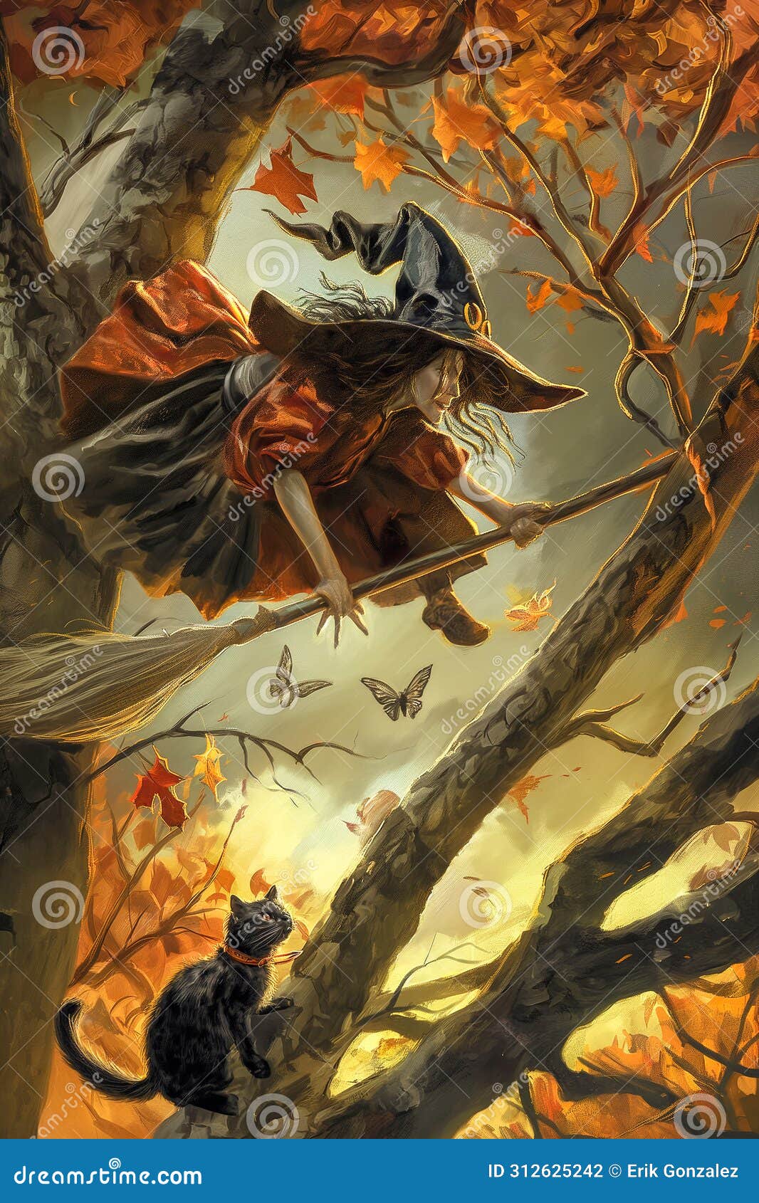 Witch Stuck Tree, Laughing, Broomstick Mishap Stock Photo - Image of ...