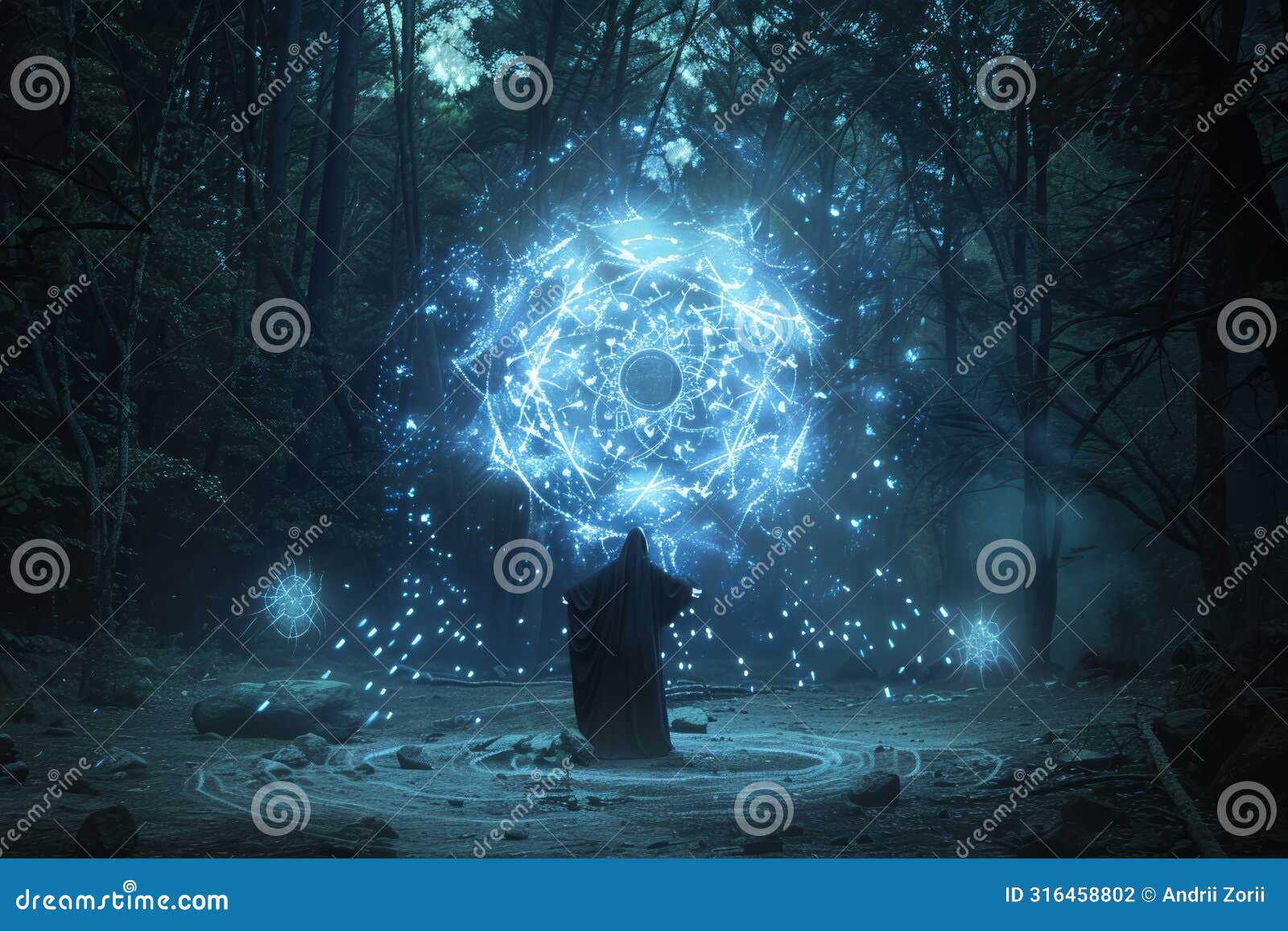 Witch Summoning in Dark Forest with Glowing Sigils Stock Photo - Image ...