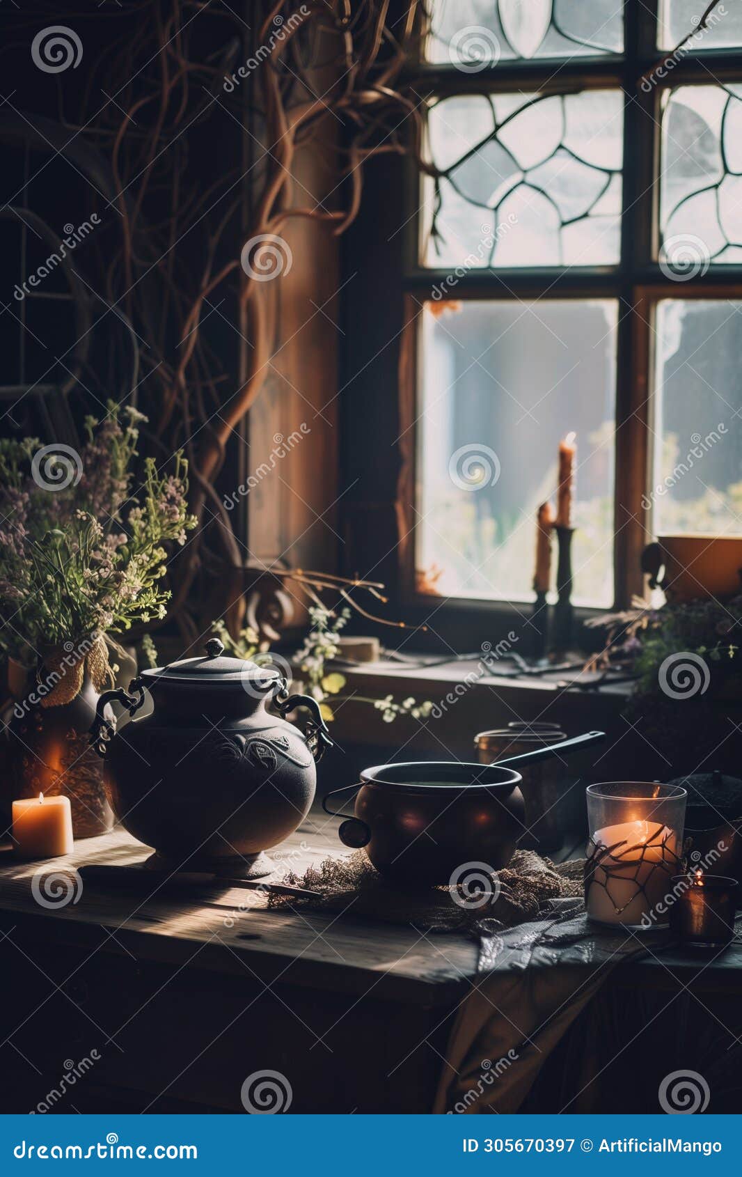 Witch Table with Cauldron and Herbs. AI Generated. Stock Illustration - Illustration of herb ...