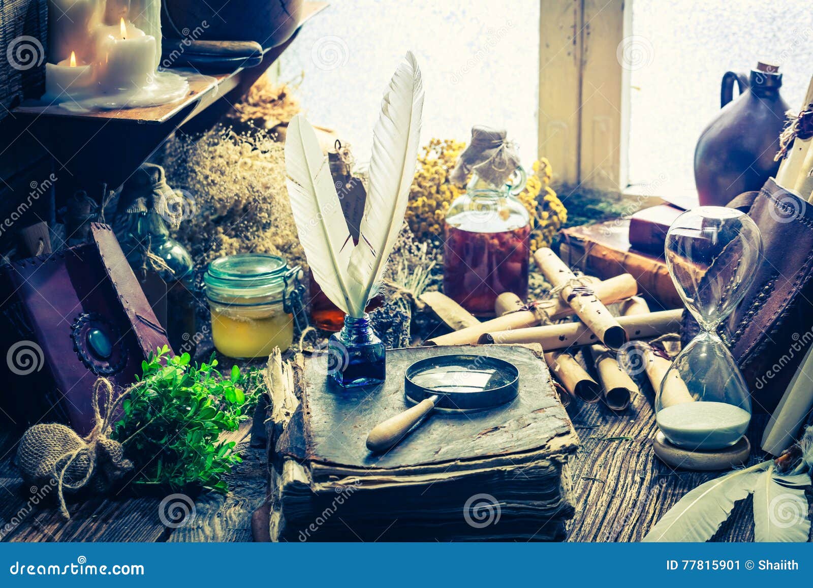 Witch Workshop Full of Books and Recipe Stock Image - Image of herbs ...