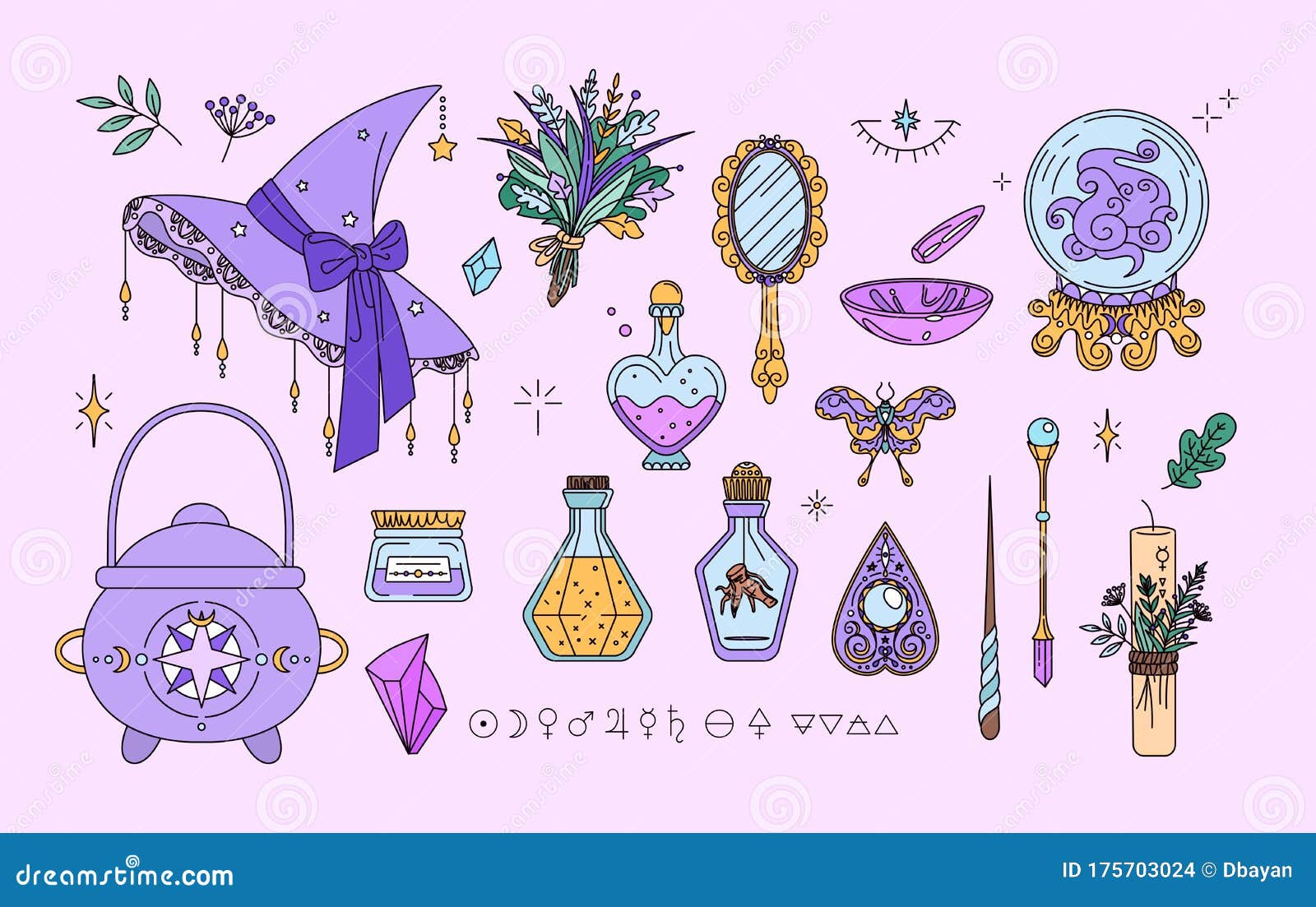 Witchcraft Set. Collection Of Wiccan Magical Items Doodles For Occult ...