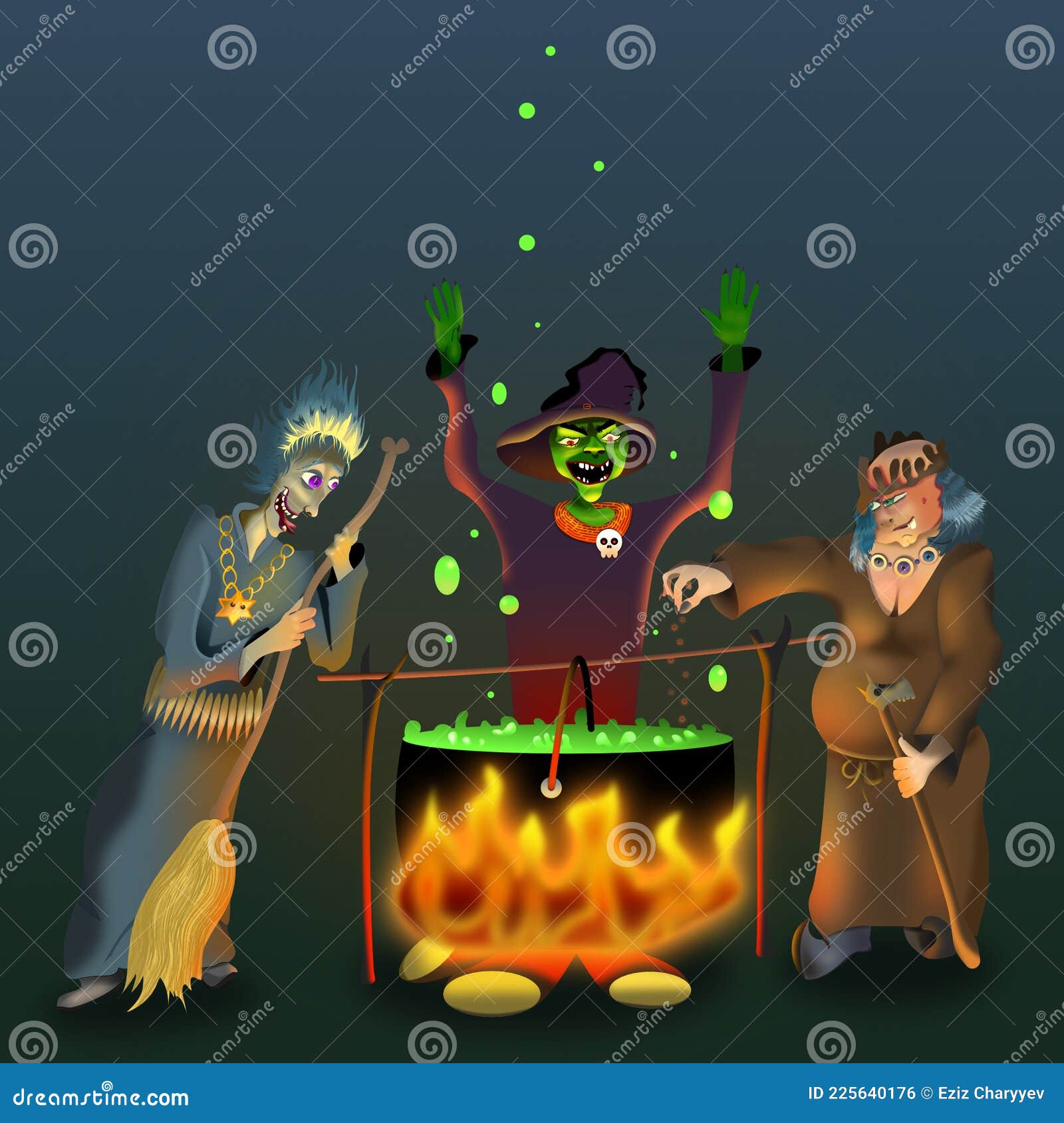Three Witches Brewing a Poison Potion at Night during Halloween Stock ...
