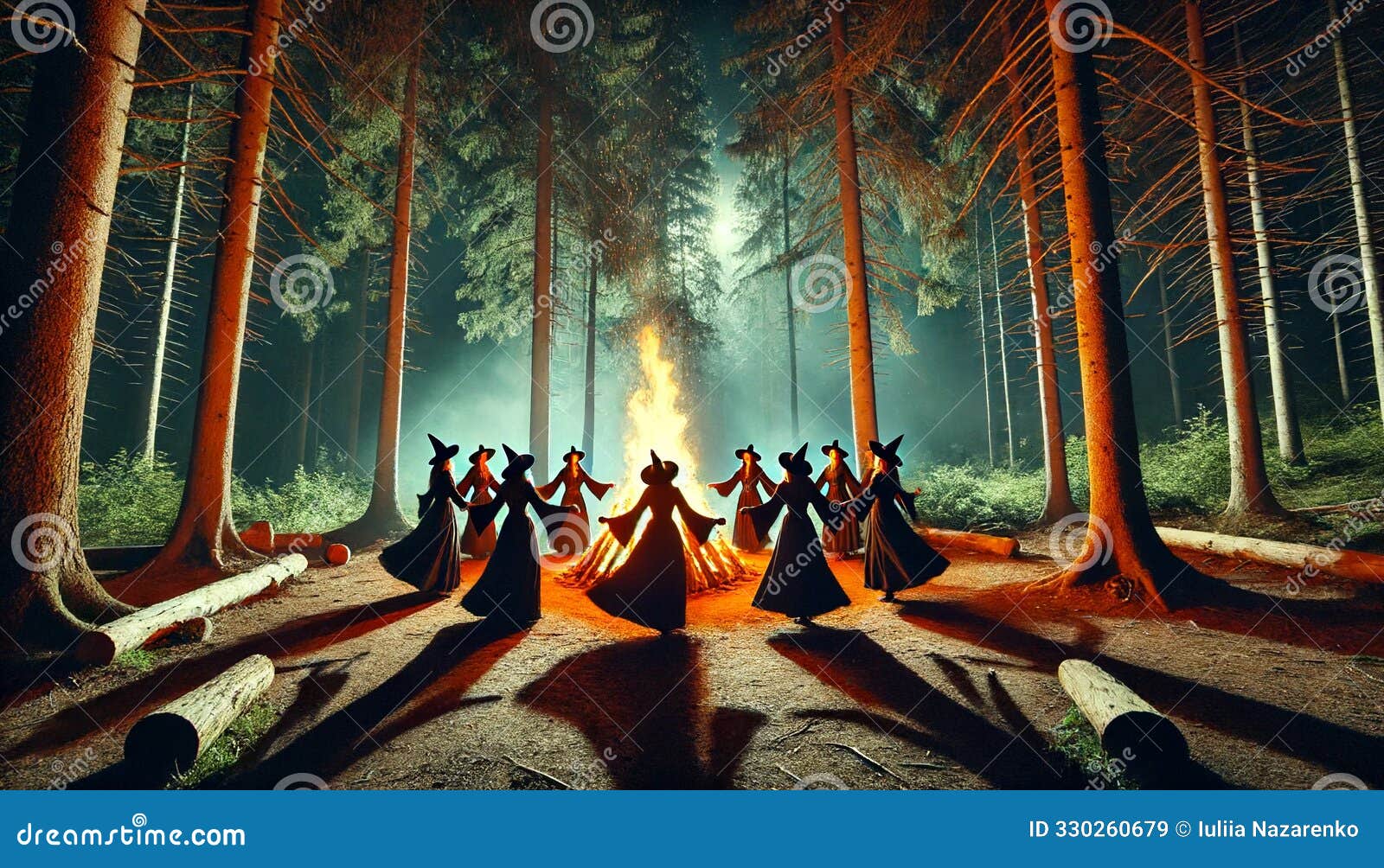 The Witches Dance Around a Large Bonfire in the Forest, the Fire ...