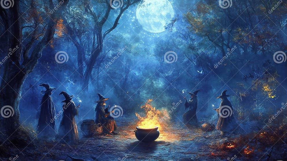 Witches Gathering Around a Cauldron Fire in a Moonlit Forest Stock ...