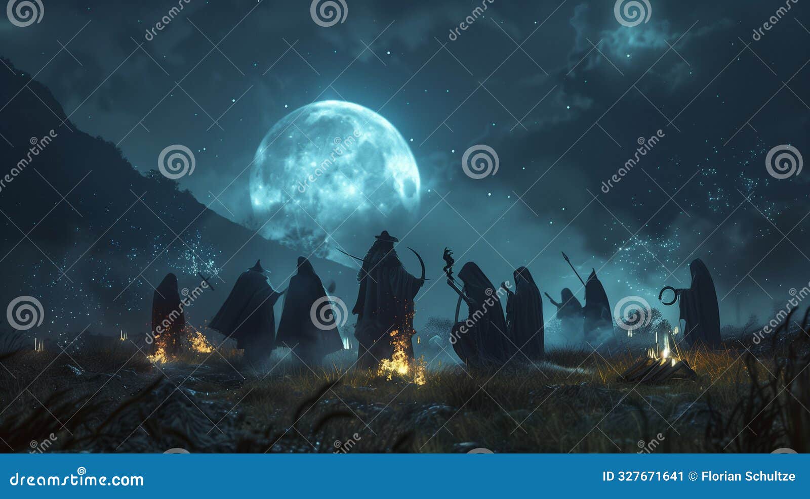 Witches Performing A Ritual Under A Full Moon Royalty-Free Stock Image ...