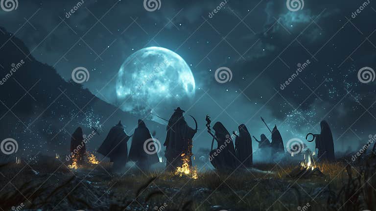 Witches Performing a Ritual Under a Full Moon Stock Illustration ...