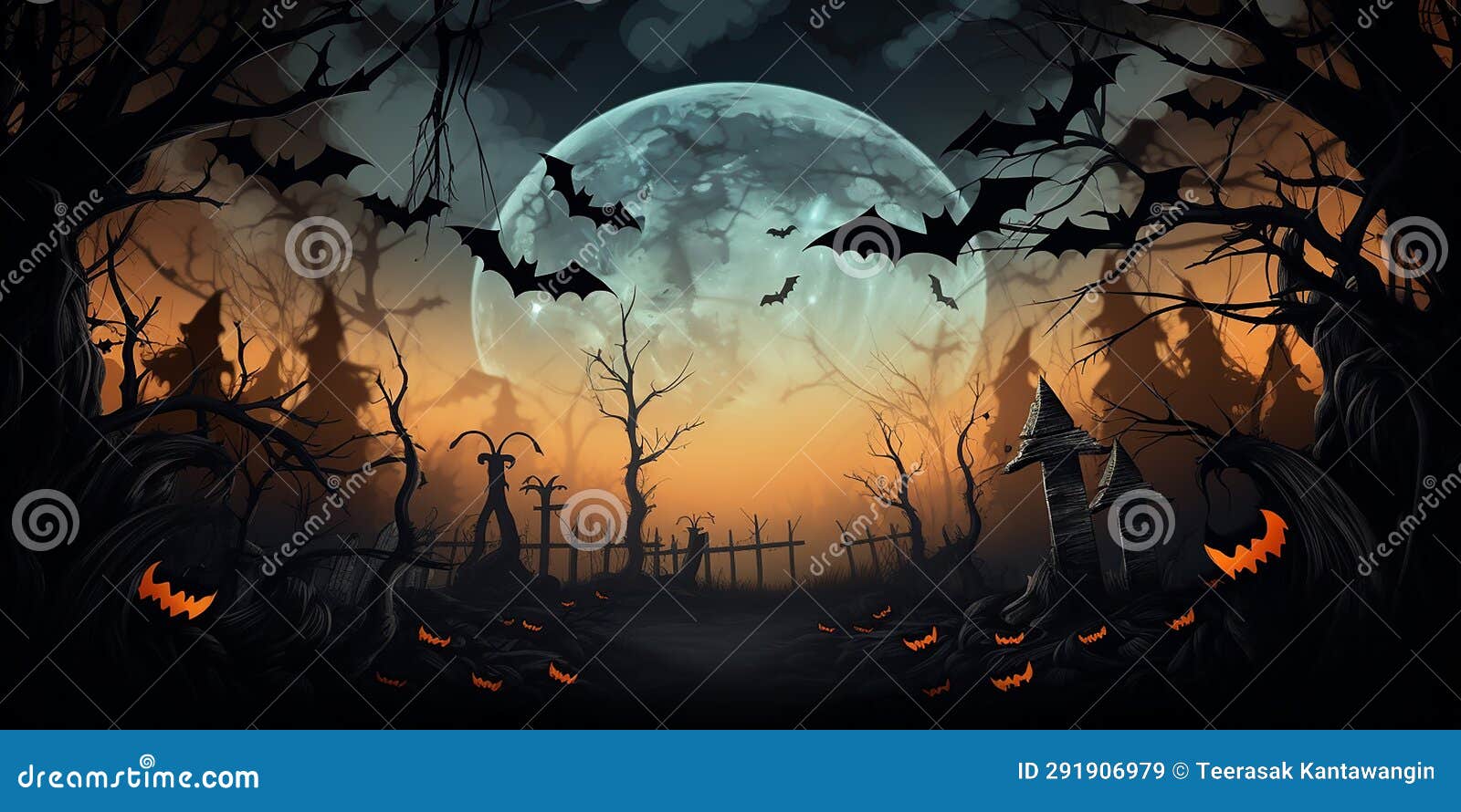 A Witching Hour Backdrop with a Full Moon, Flying Bats Stock ...