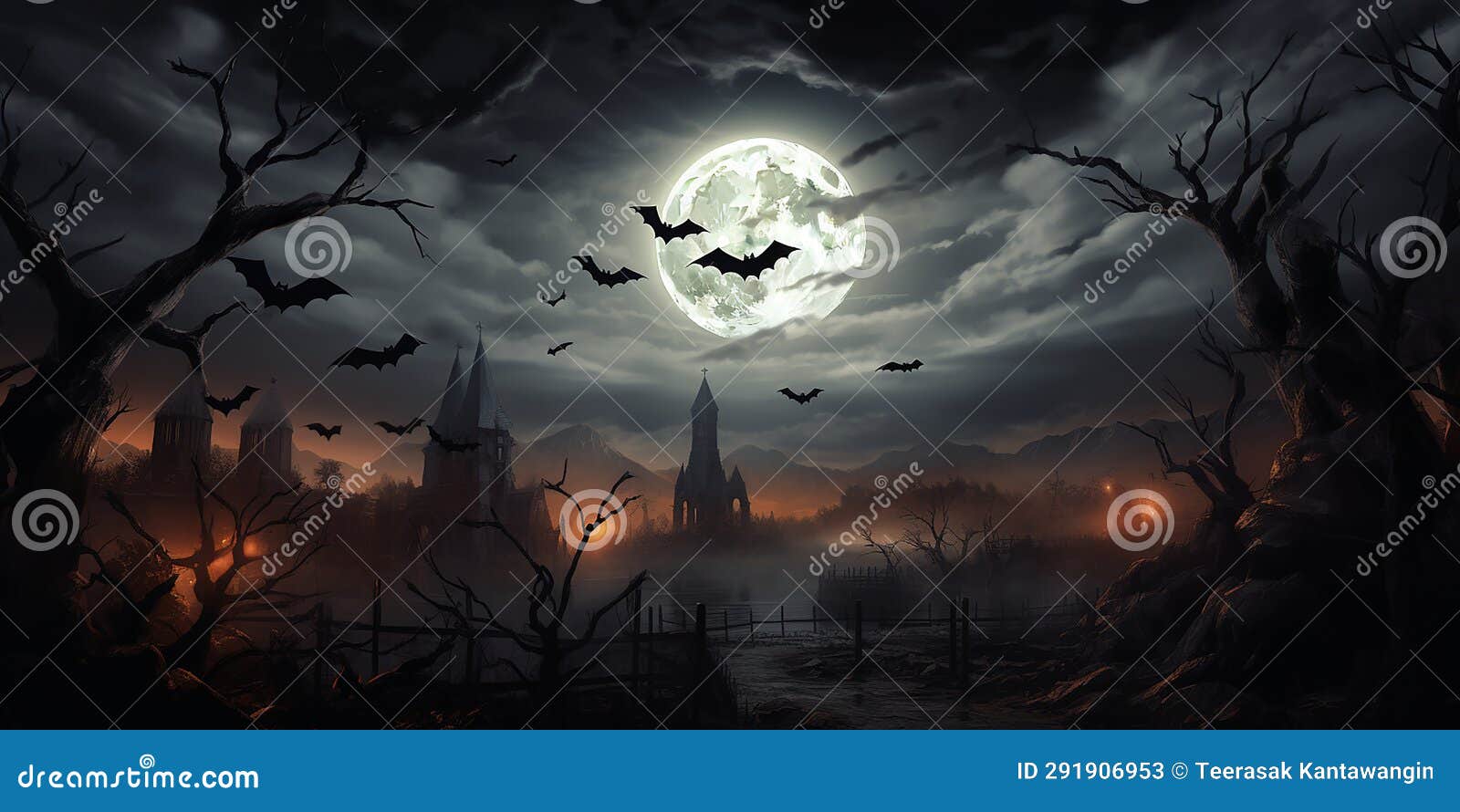 A Witching Hour Backdrop with a Full Moon, Flying Bats Stock ...
