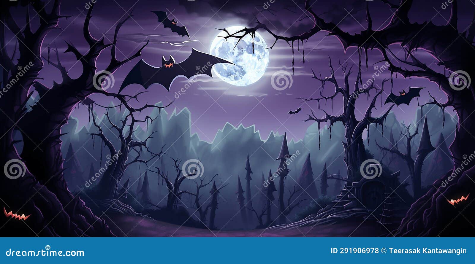 A Witching Hour Backdrop with a Full Moon, Flying Bats Stock ...
