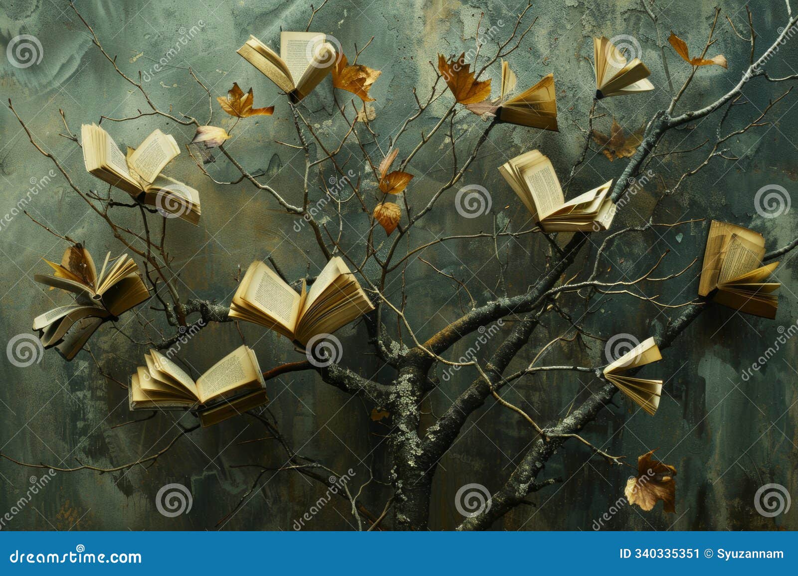 Withered Fall Tree with Branches Adorned by Open Books and Dry Leaves ...