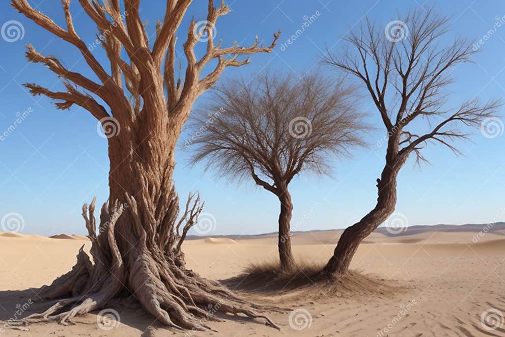 Withered Tree in the Desert by the Dune with Blue Sky Ai Generated ...