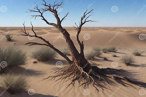 Withered Tree in the Desert by the Dune with Blue Sky Ai Generated ...