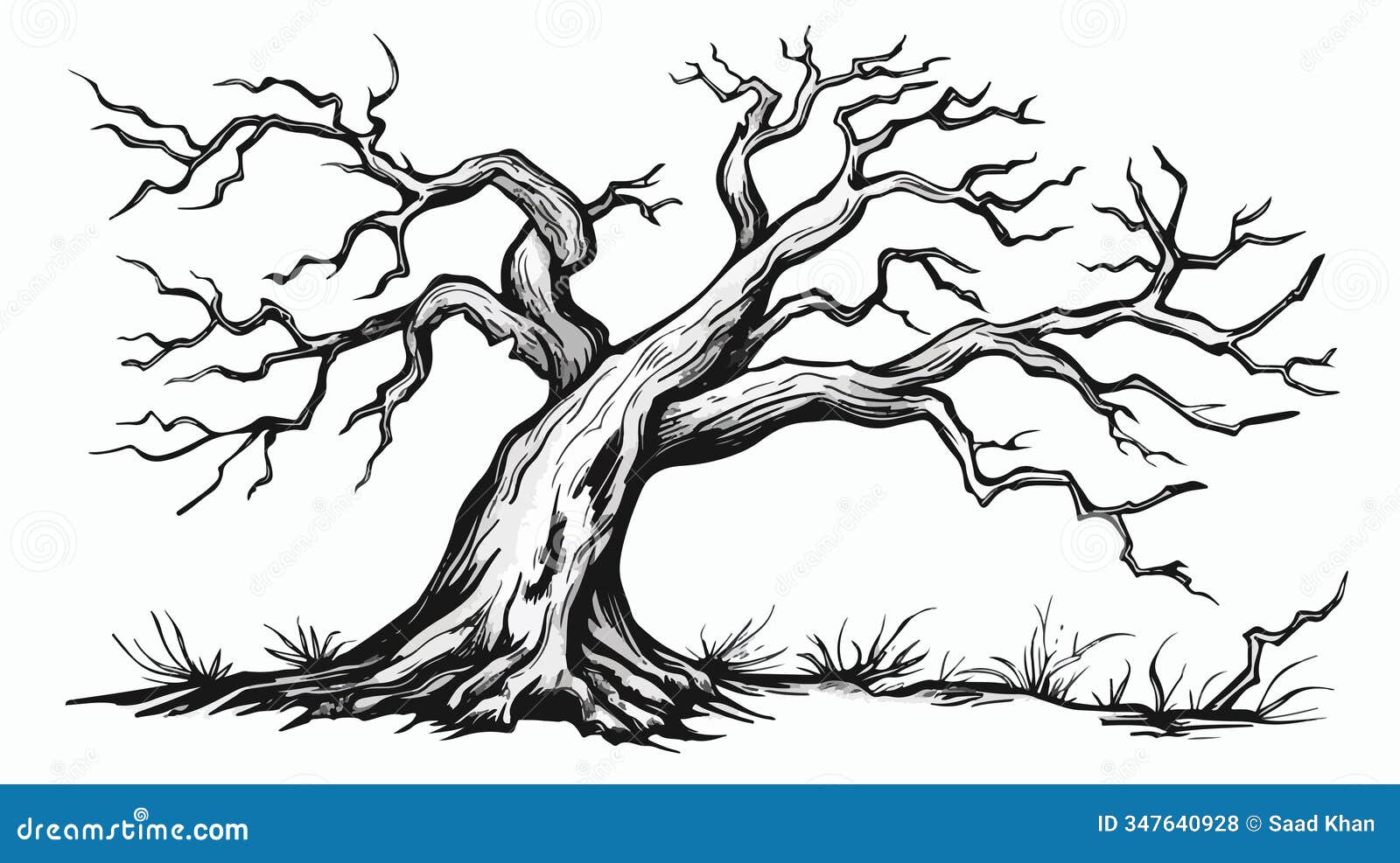 Elegant Withered Tree Engraving In Black And White Outline Cartoon ...