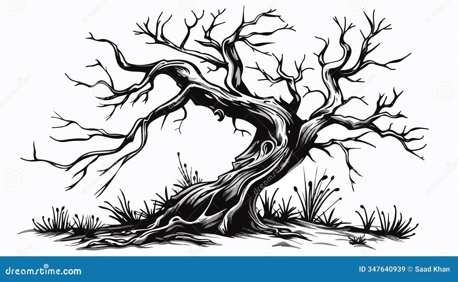 Elegant Withered Tree Engraving In Black And White Outline Cartoon ...