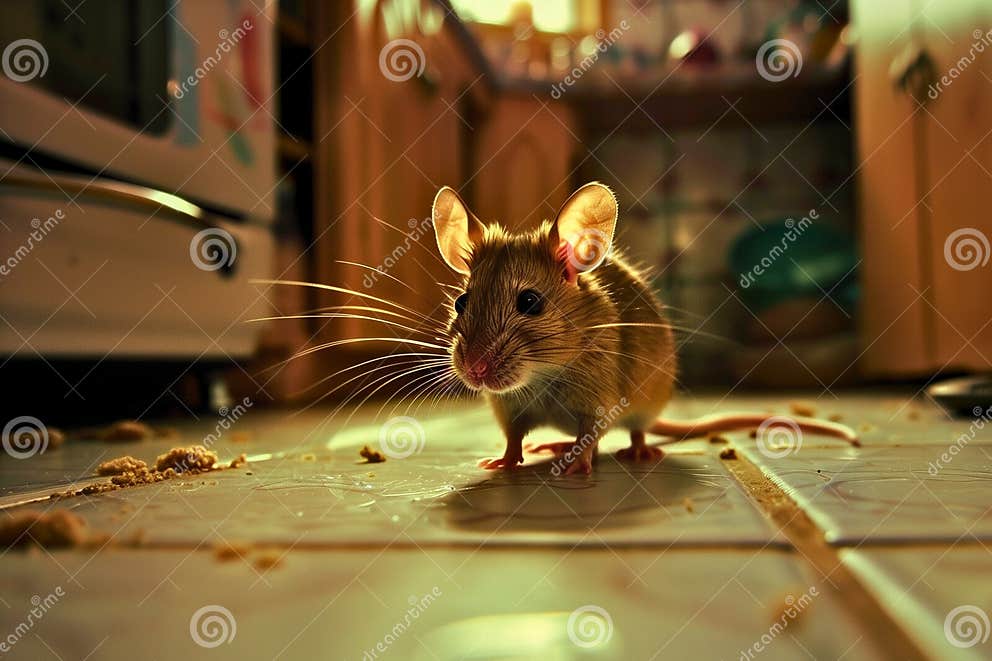 Tiny Mouse Cautiously Exploring a Dimly Lit Kitchen at Night Stock ...