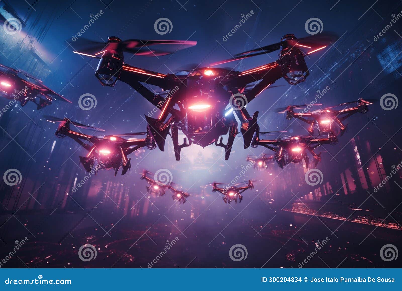Witness a Squadron of Futuristic Drones Engaging Stock Illustration ...