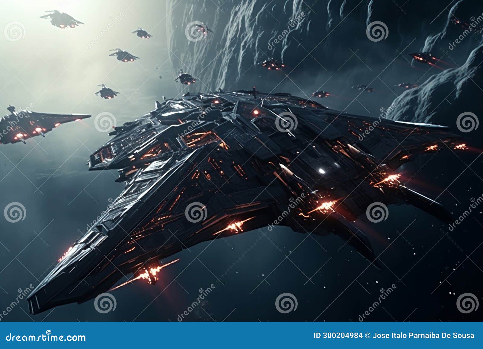 Witness a Squadron of Sleek Space Fighters Stock Illustration ...