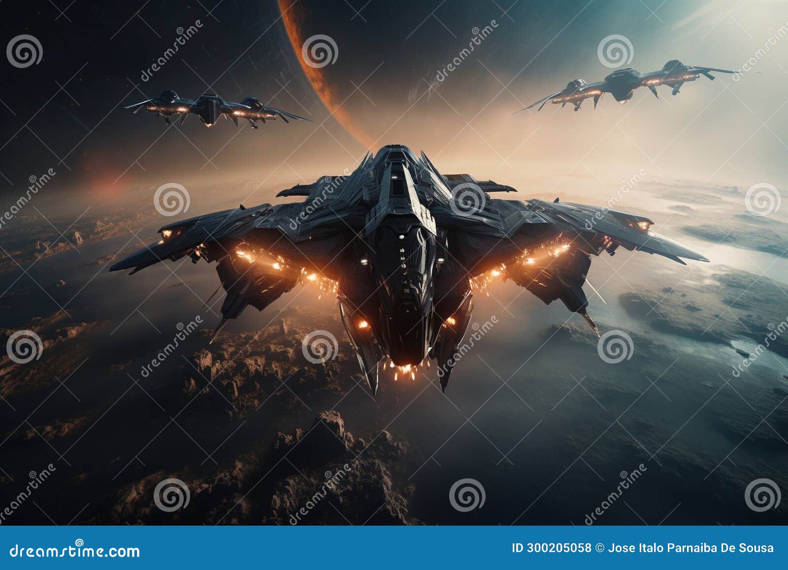 Witness a Squadron of Sleek Space Fighters Stock Illustration ...