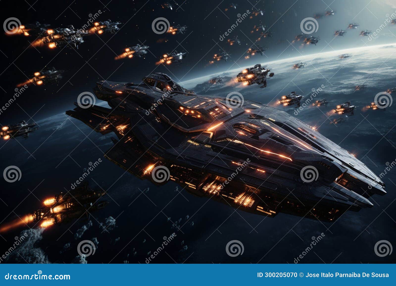 Witness a Squadron of Sleek Space Fighters Stock Illustration ...