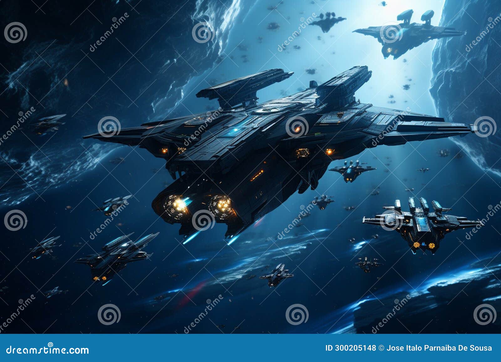 Witness a Squadron of Sleek Space Fighters Stock Illustration ...