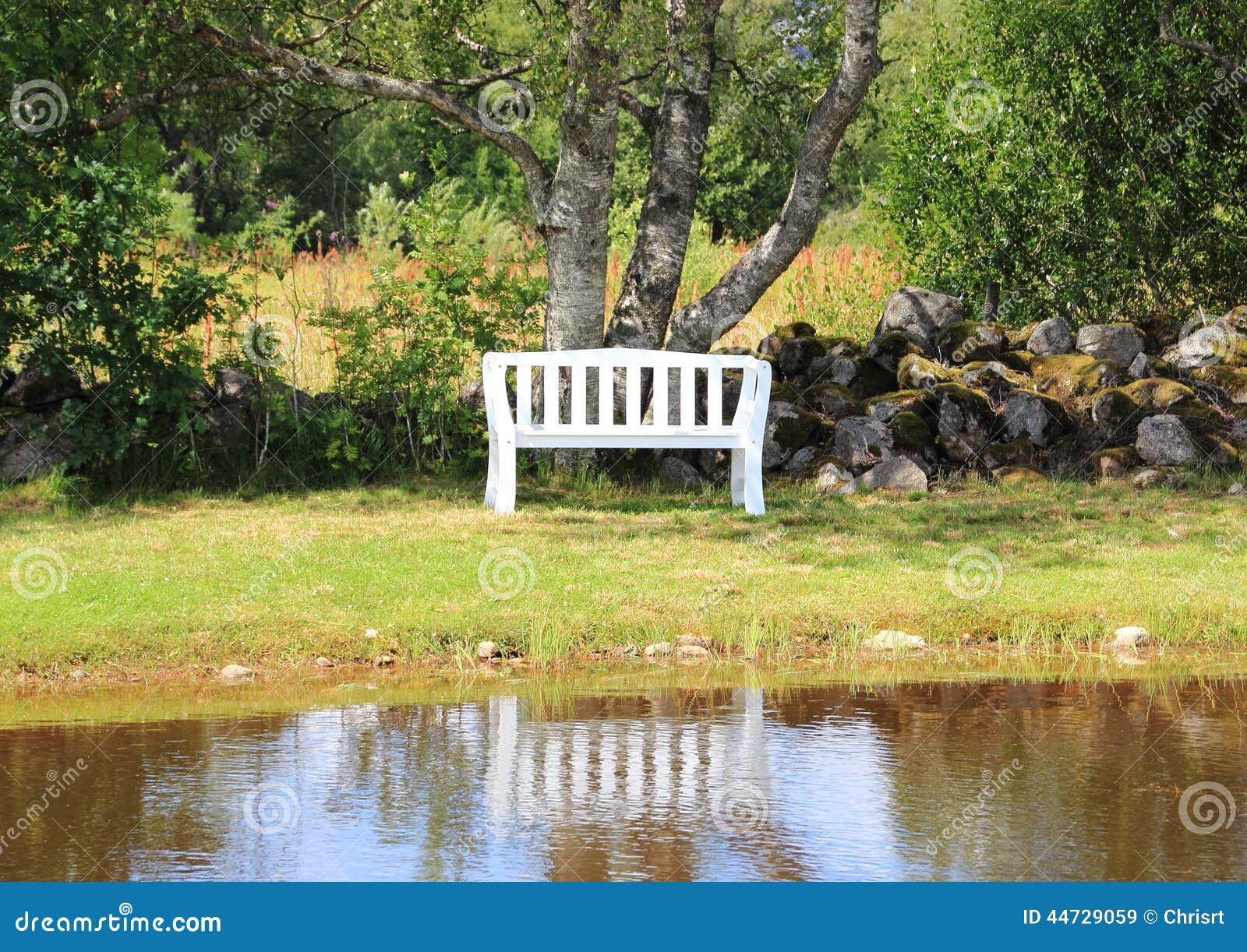 Witte Bank Bij Meer Met Waterbezinning Stock Afbeelding - Image of ...