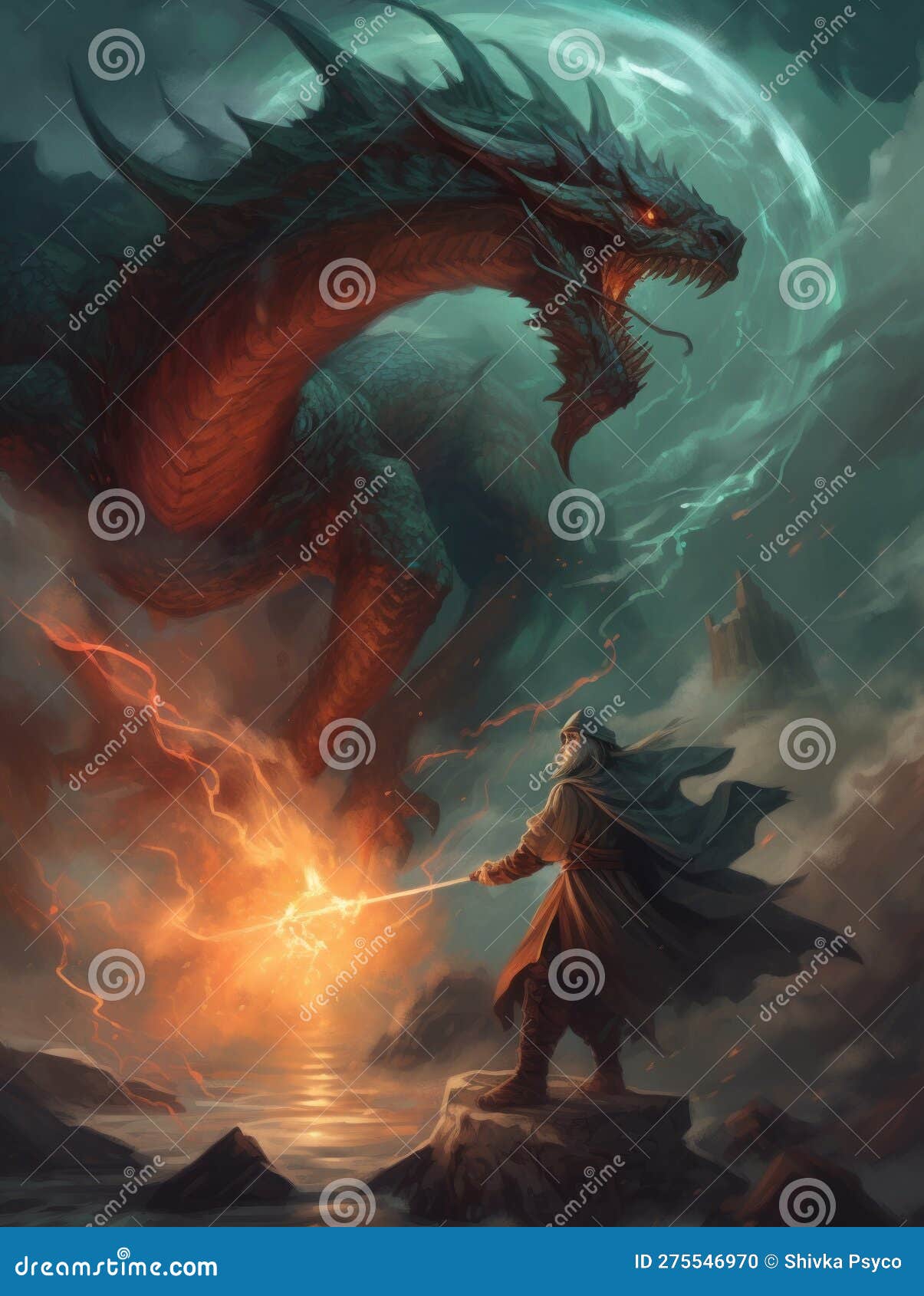 A Wizard Battling a Fierce Dragon Generative AI Stock Illustration ...