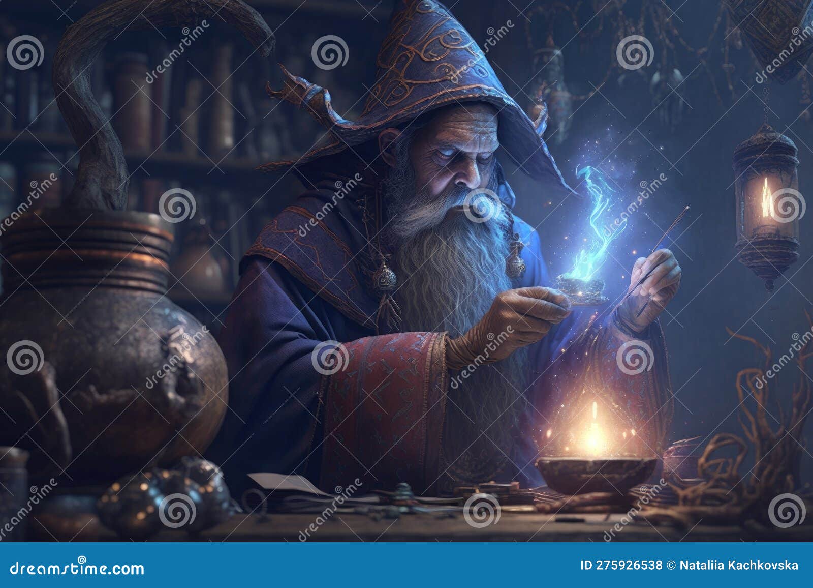 Wizard Brews a Potion in a Pot Stock Illustration - Illustration of ...