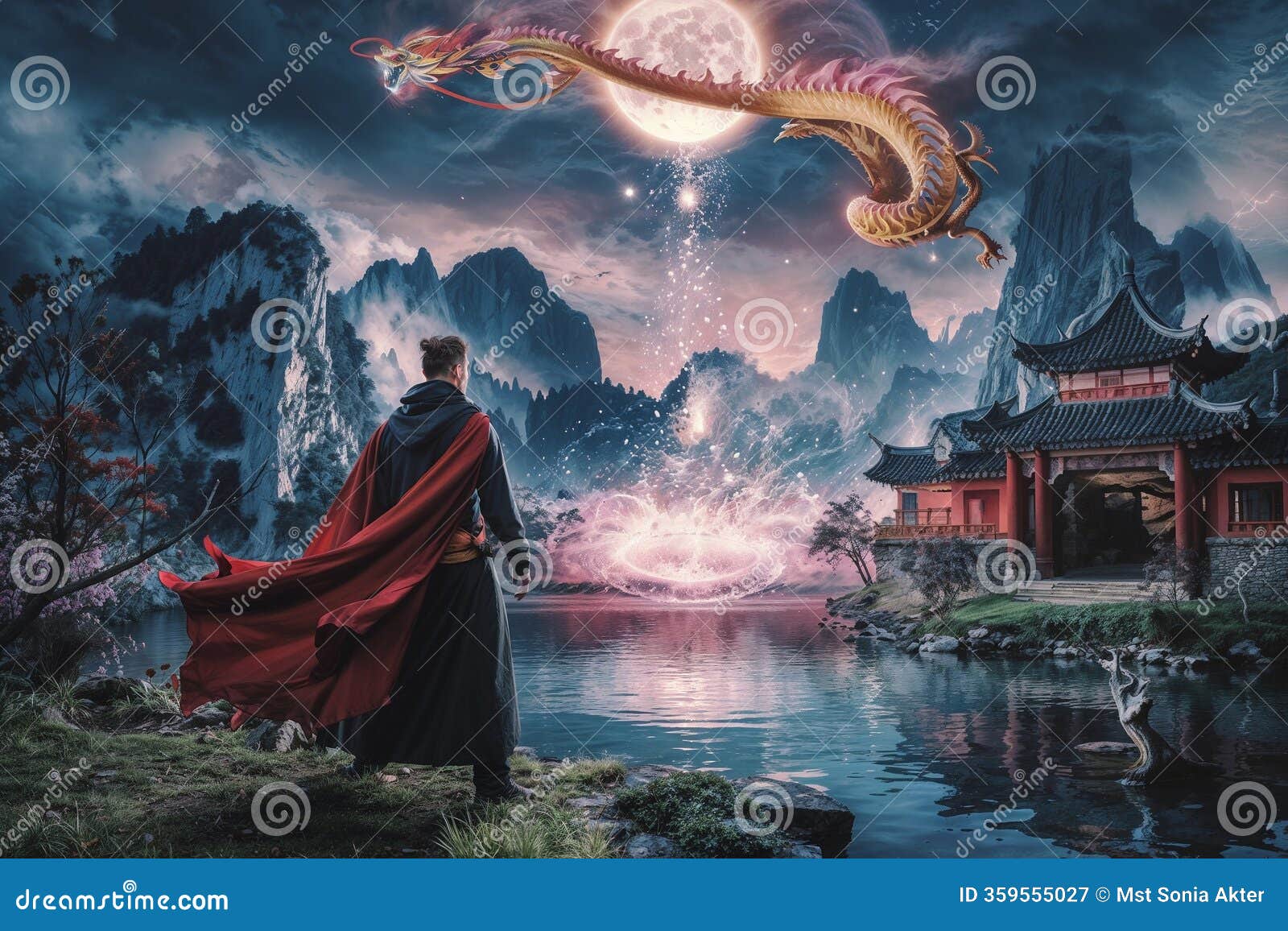 Wizard Casting a Spell Against a Fantasy Concept Art Character Stock ...