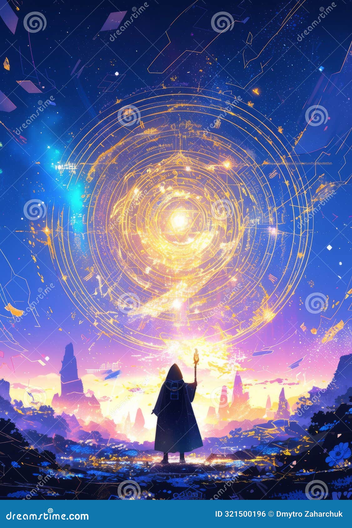 Wizard Casting a Spell that Forms a Vortex of Glowing Particles in a ...