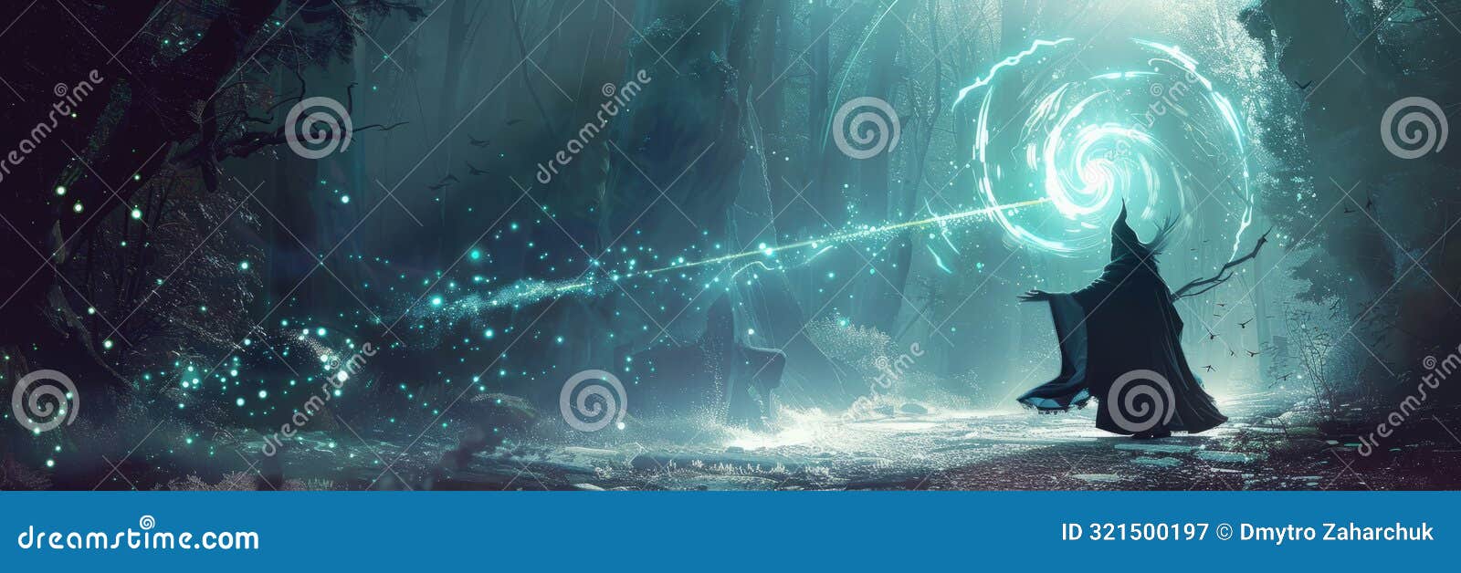 Wizard Casting a Spell that Forms a Vortex of Glowing Particles in a ...