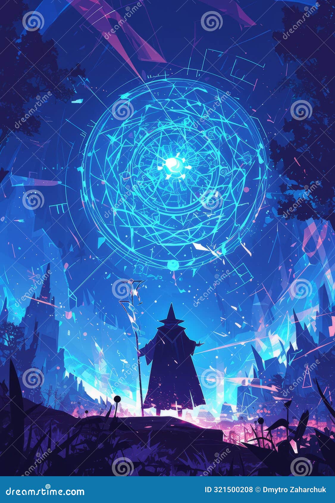 Wizard Casting a Spell that Forms a Vortex of Glowing Particles in a ...